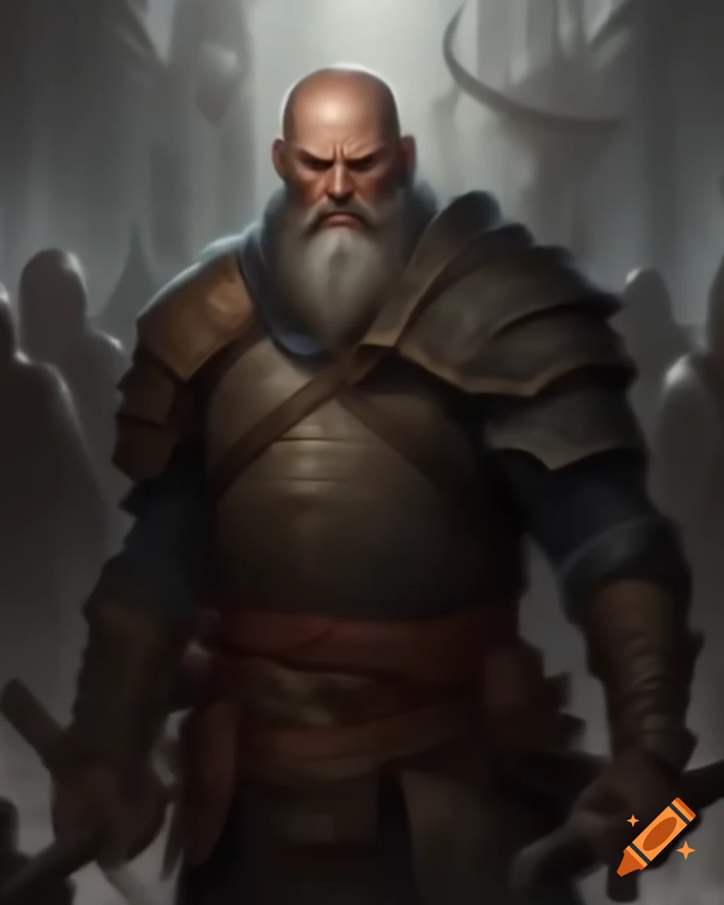 Battle scarred middle aged warrior in scale mail raising shield on Craiyon