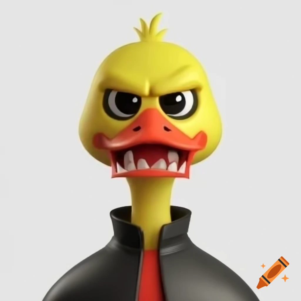 3d art of angry yellow duck with black eyes and dracula teeth in black ...