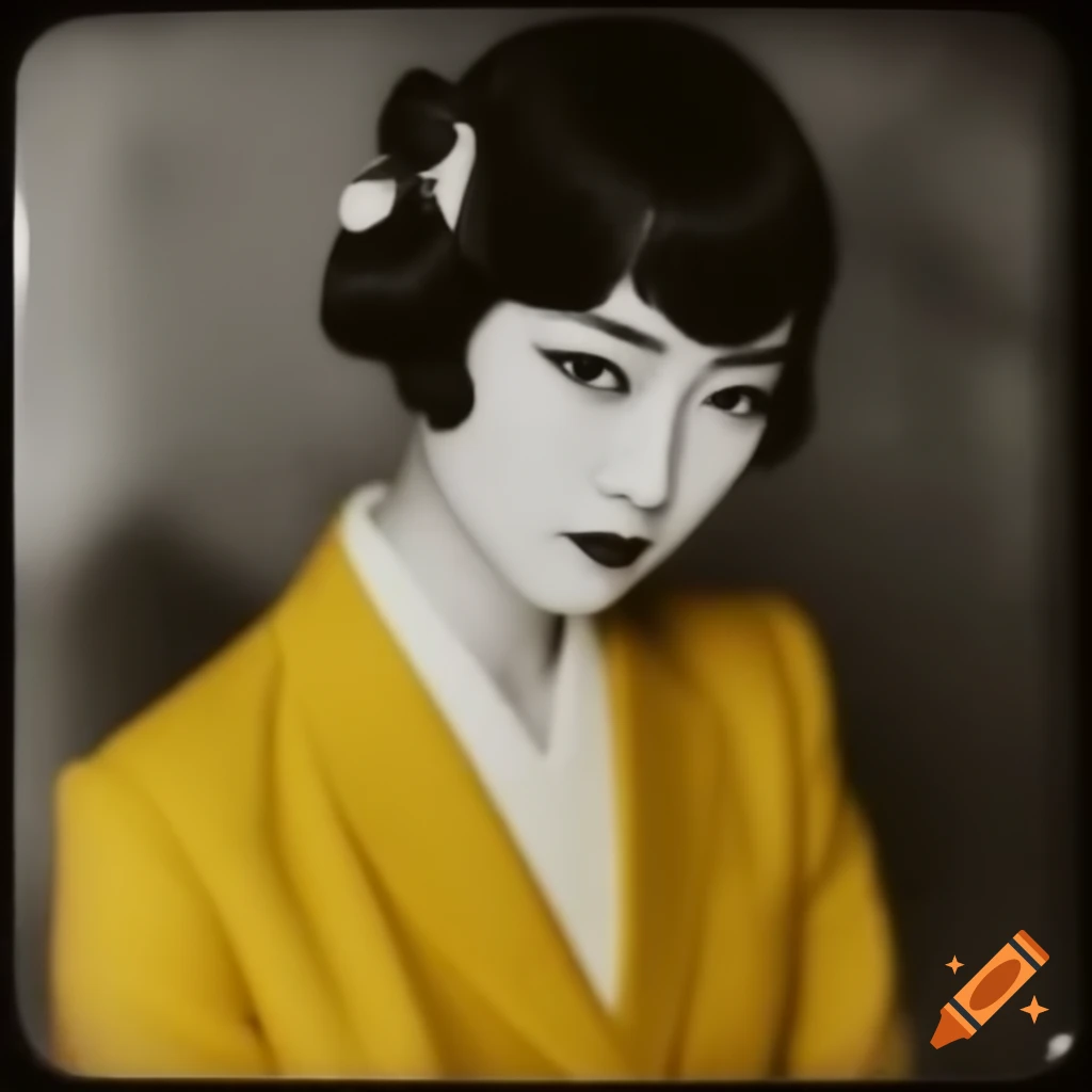 Hyper-realistic photograph of a charming japanese woman from 1920 in a vintage yellow suit on ...