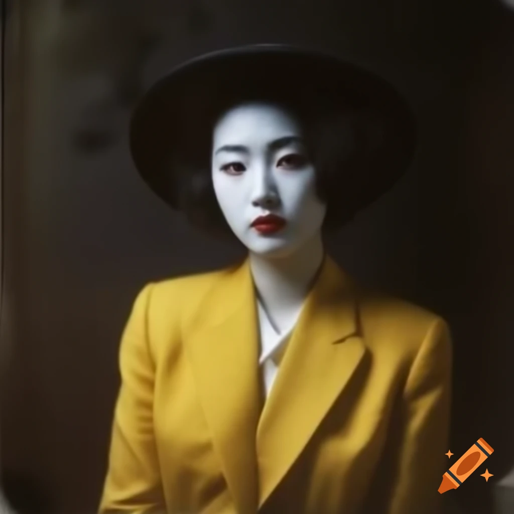 Beautiful Japanese woman from 1920 in yellow vintage suit, hyper-realistic photograph on Craiyon