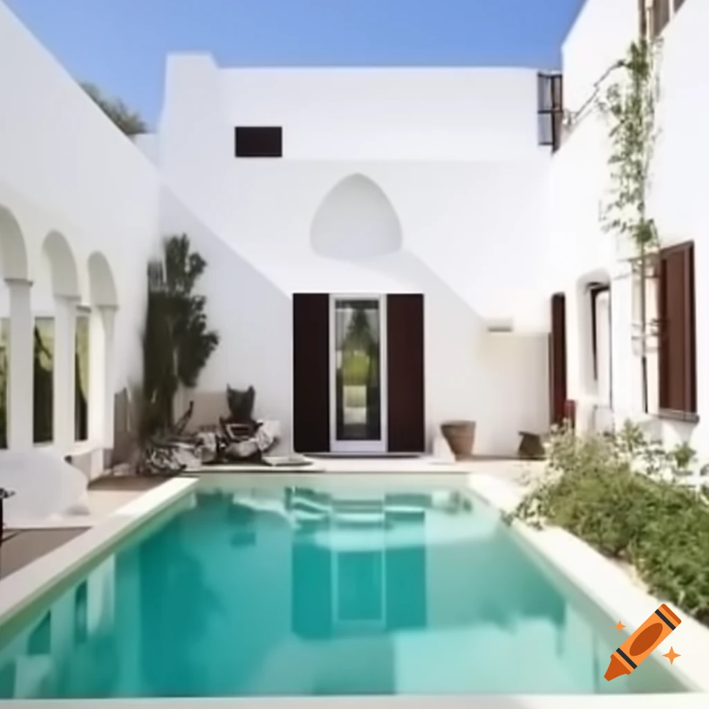 Cozy mediterranean atrium with verandas and turquoise swimming pool ...