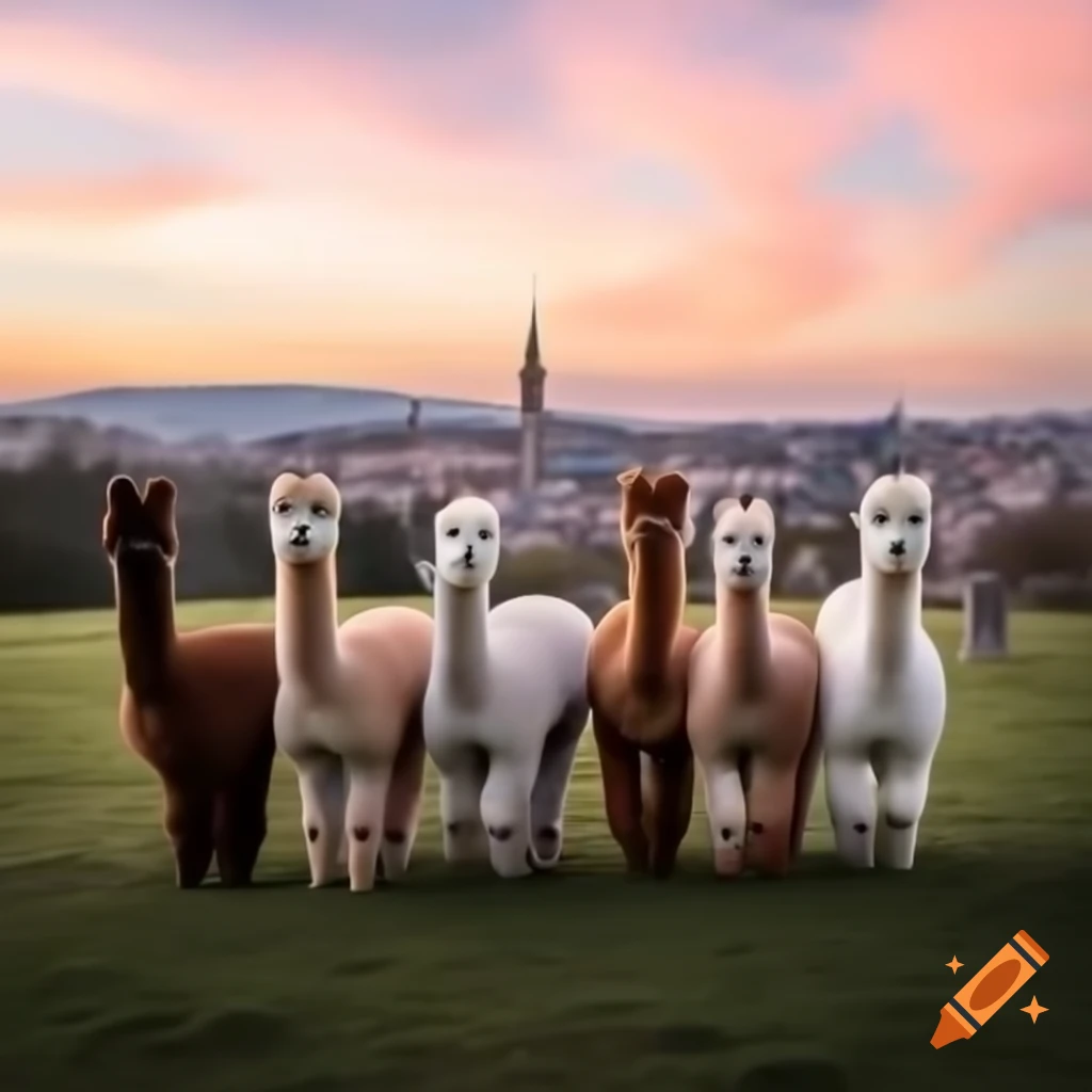 Six fluffy alpacas gazing at dawn with pastel city backdrop on Craiyon