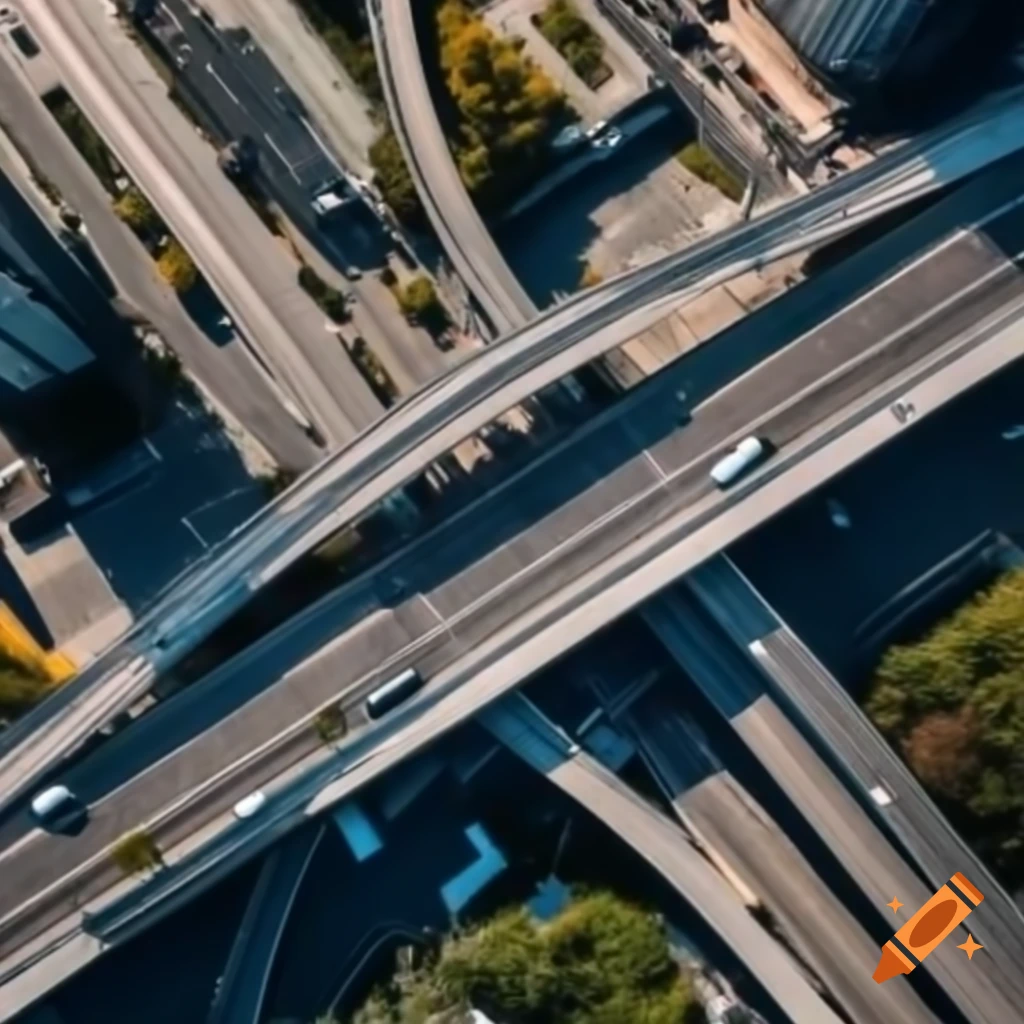 Aerial view of elegant overpass spanning busy intersection on Craiyon