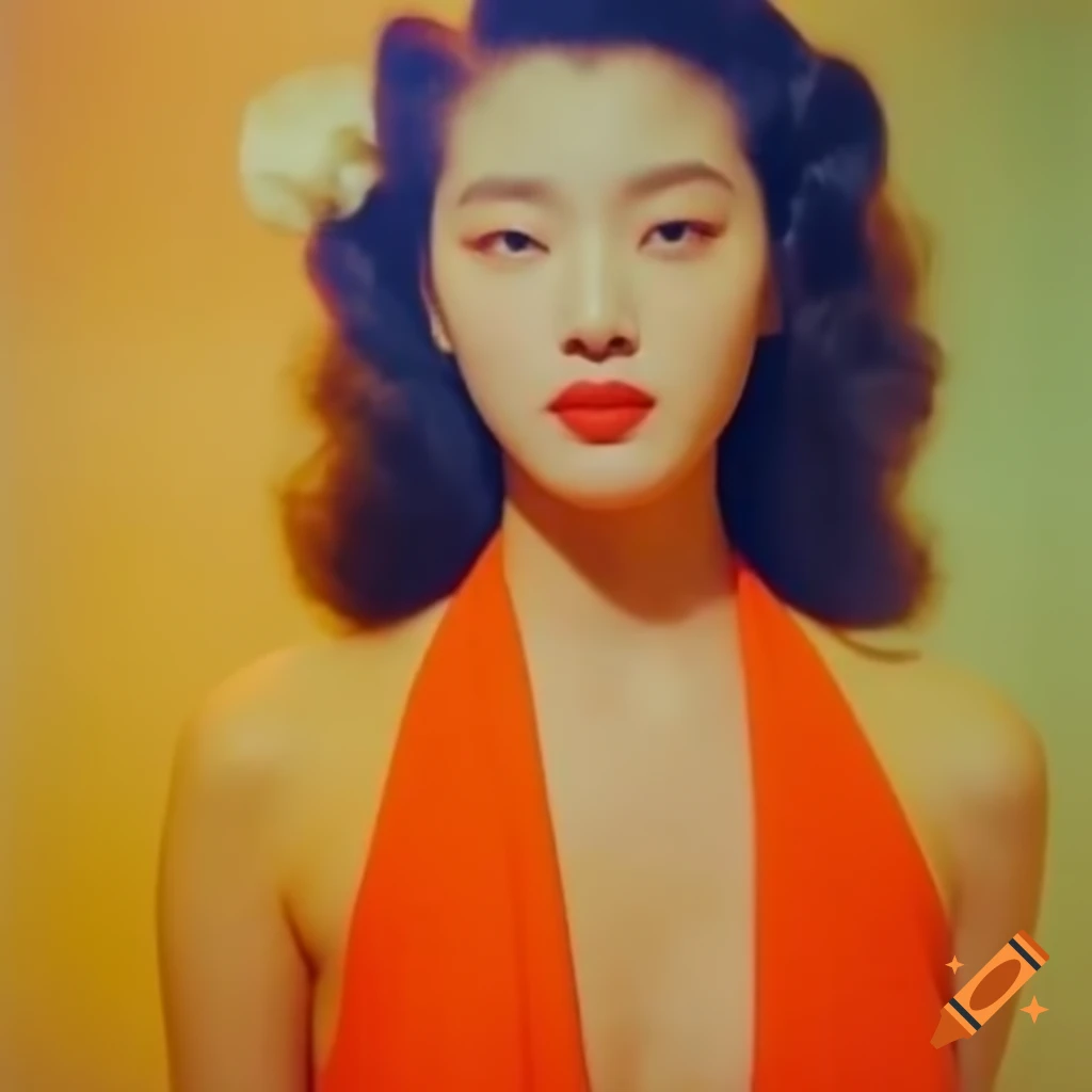 Hyper-realistic photograph of a beautiful Korean woman from 1920 in orange vintage bathing suit ...