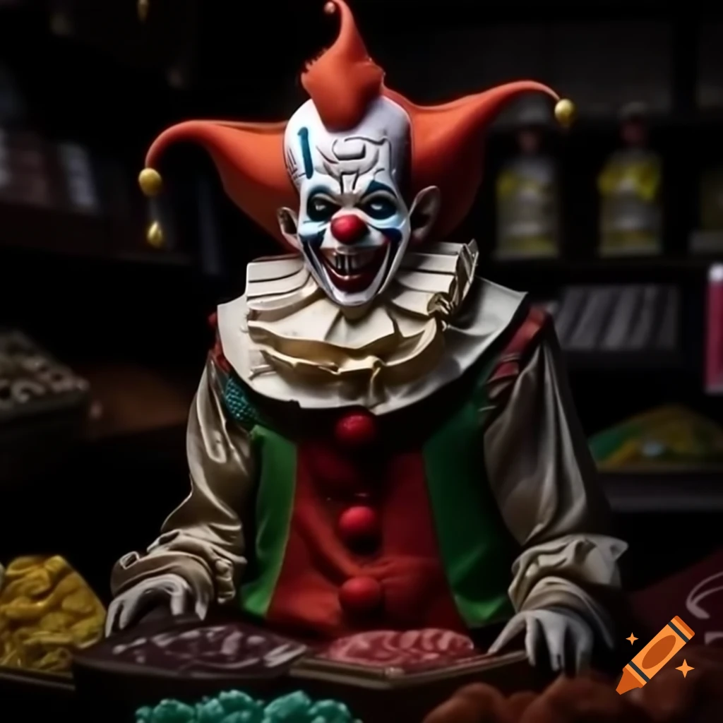 Realistic clown with red eyes and sharp teeth in a dark candy store on ...