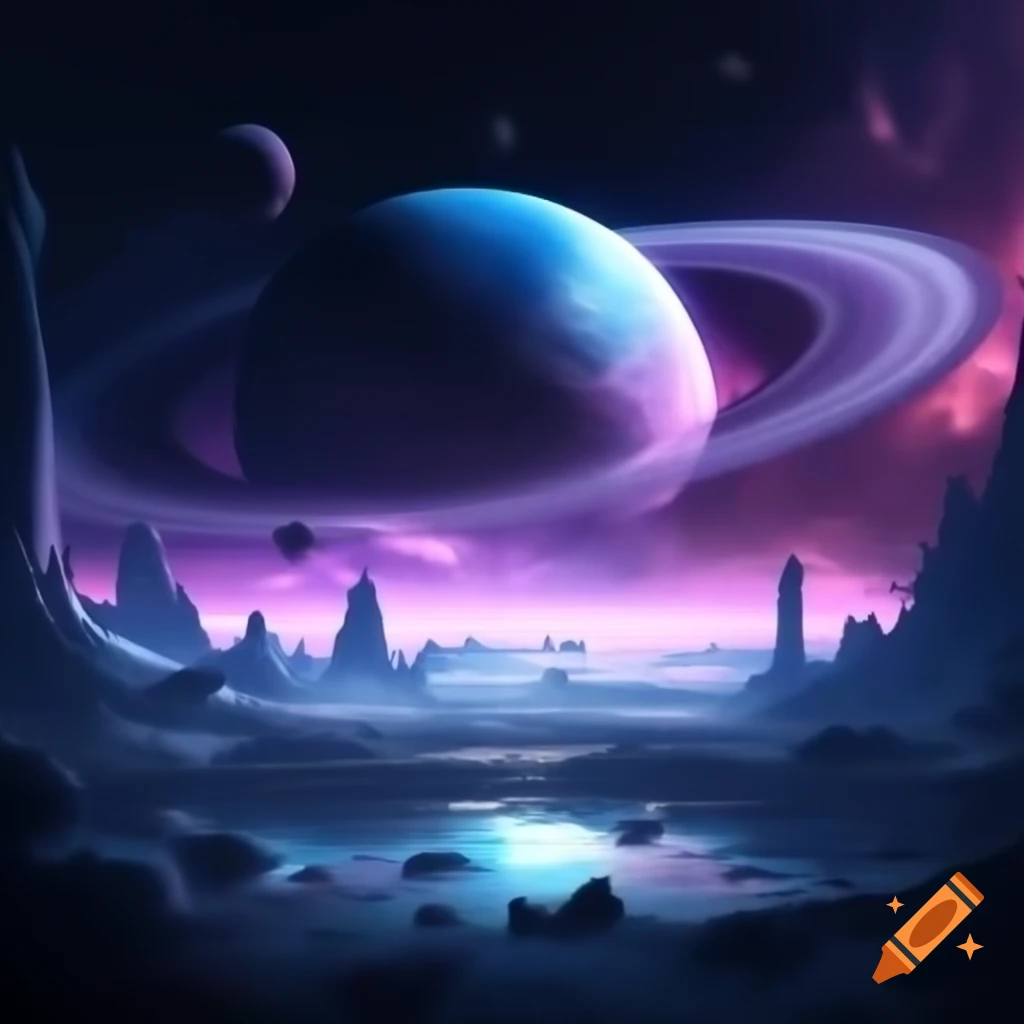 Rocky planet with colossal ringed planet above under purple sky ...