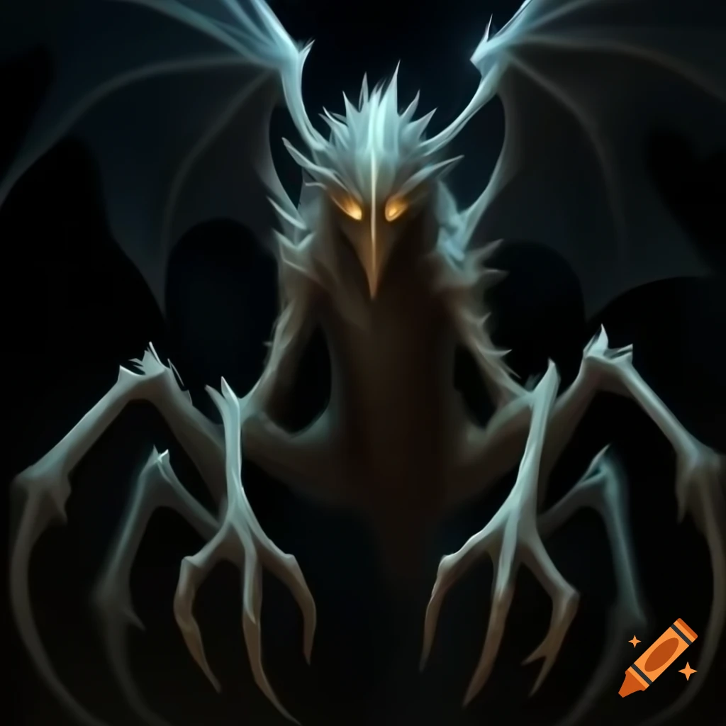 Illustration of a dark fantasy monster with four legs flying on Craiyon