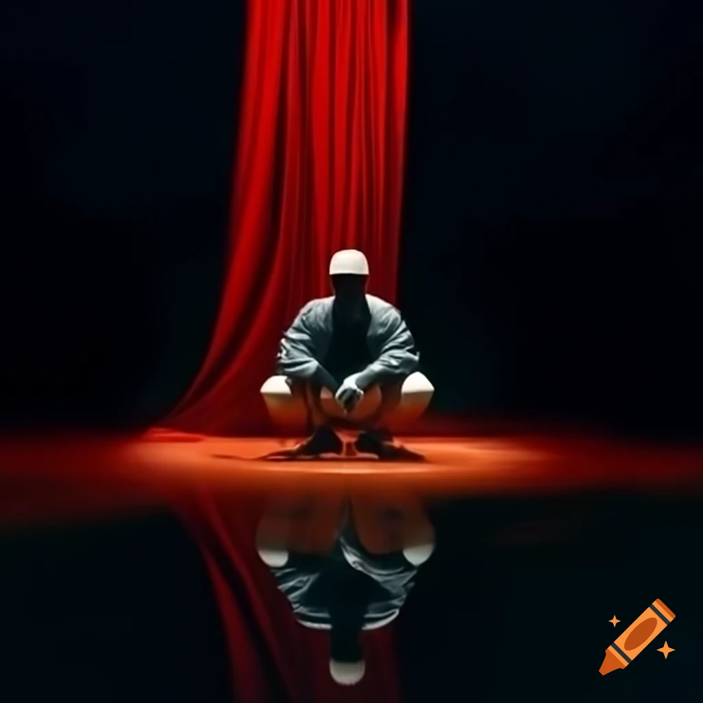 Rapper in dark space with spotlight and red curtain representing death ...
