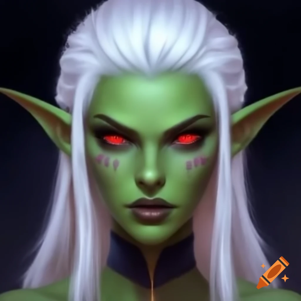 Half-orc with red eyes and white hair, showcasing contrasting beauty on ...