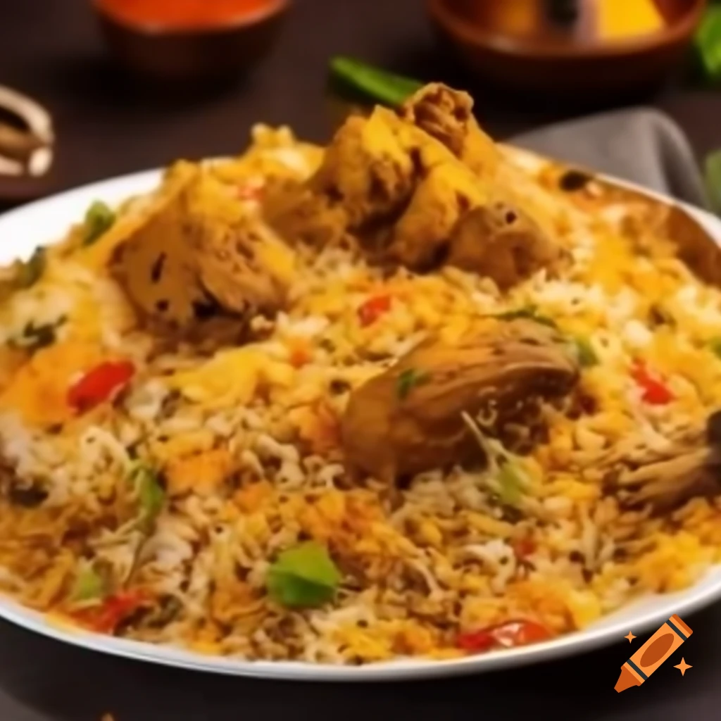 Delicious biryani dish with vibrant colors and spices on Craiyon