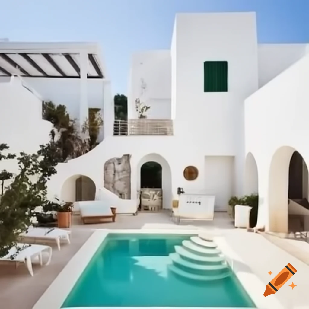 Cozy mediterranean atrium with verandas and turquoise swimming pool ...