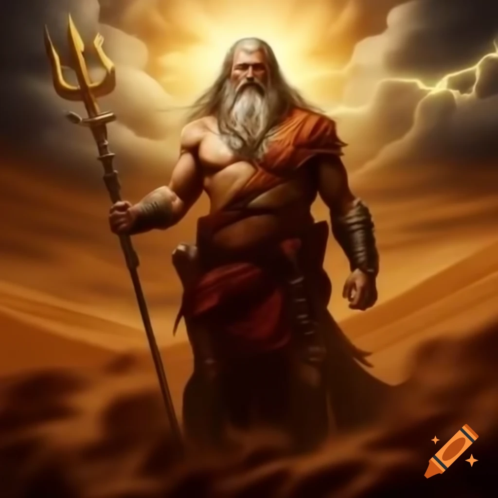 Warrior saint in desert holding glowing trident with golden sand dunes ...