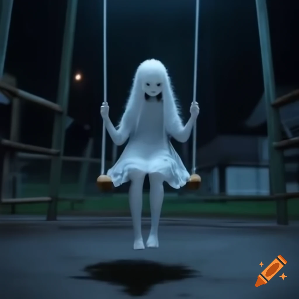 Ghostly girl with black hair on swing in eerie playground at night on ...