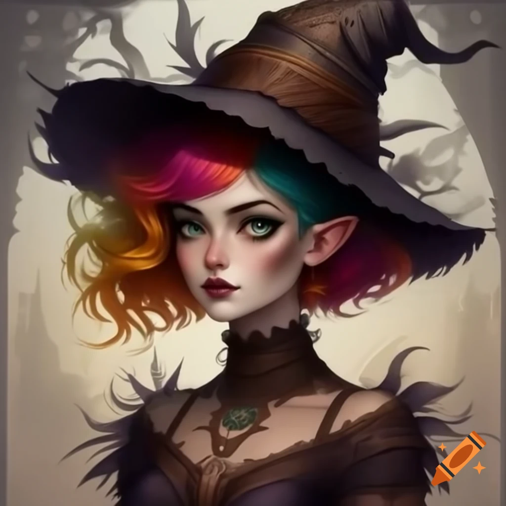 Eclectic witch with short multicolor hair and brown lace hat ...
