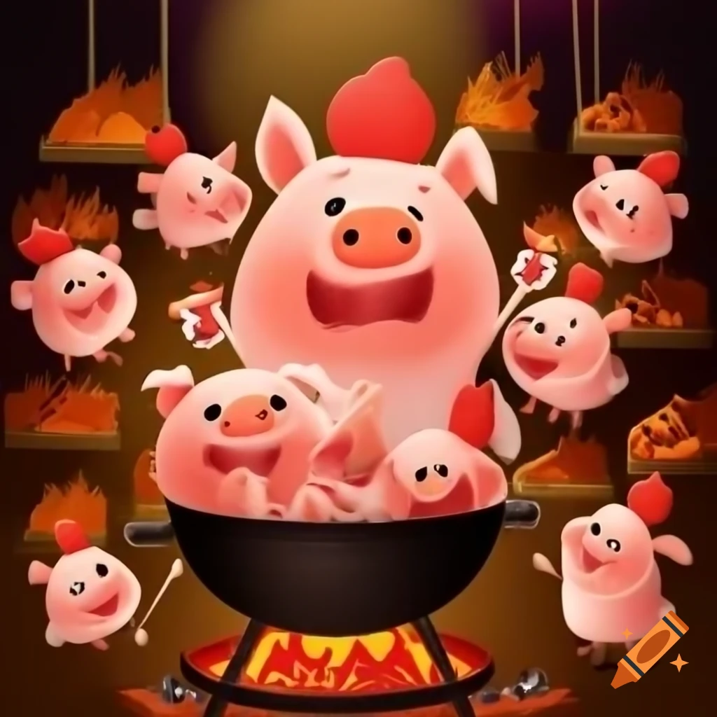 Pigs and chickens dancing at a barbecue event on Craiyon