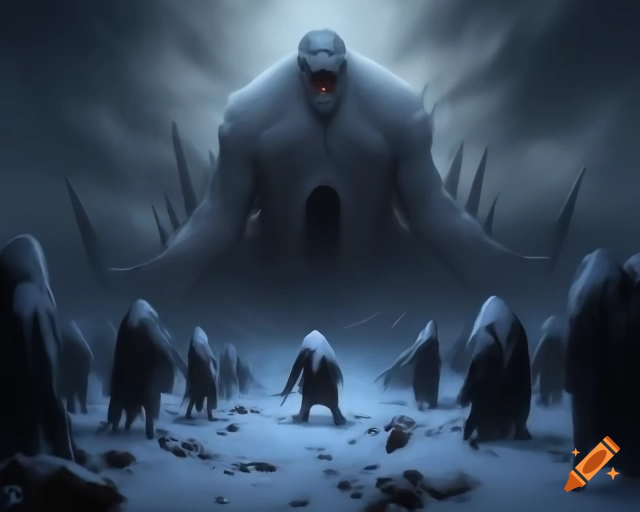 Monstrous white ghoul with fangs and claws threatening a house in a ...