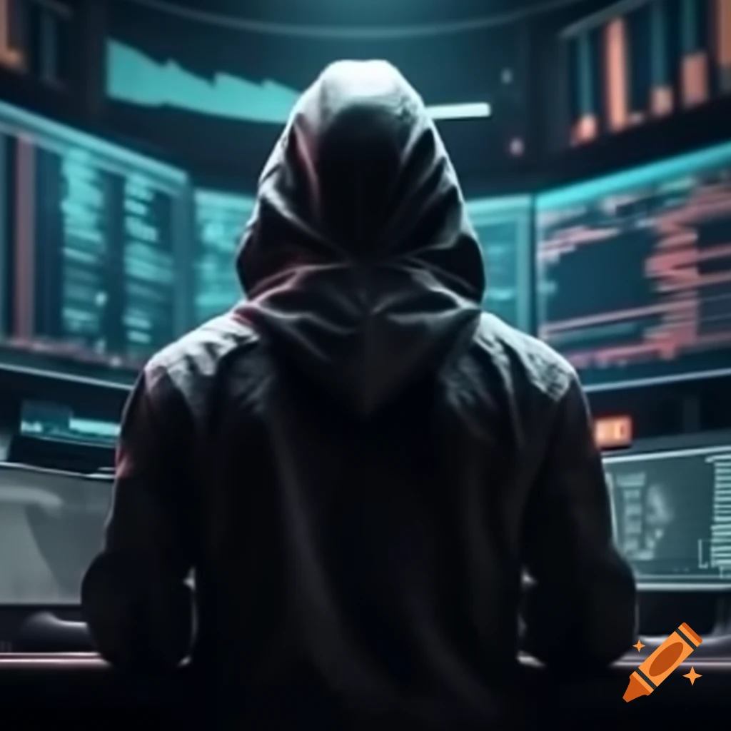 Hooded man analyzing cryptocurrency charts on Craiyon