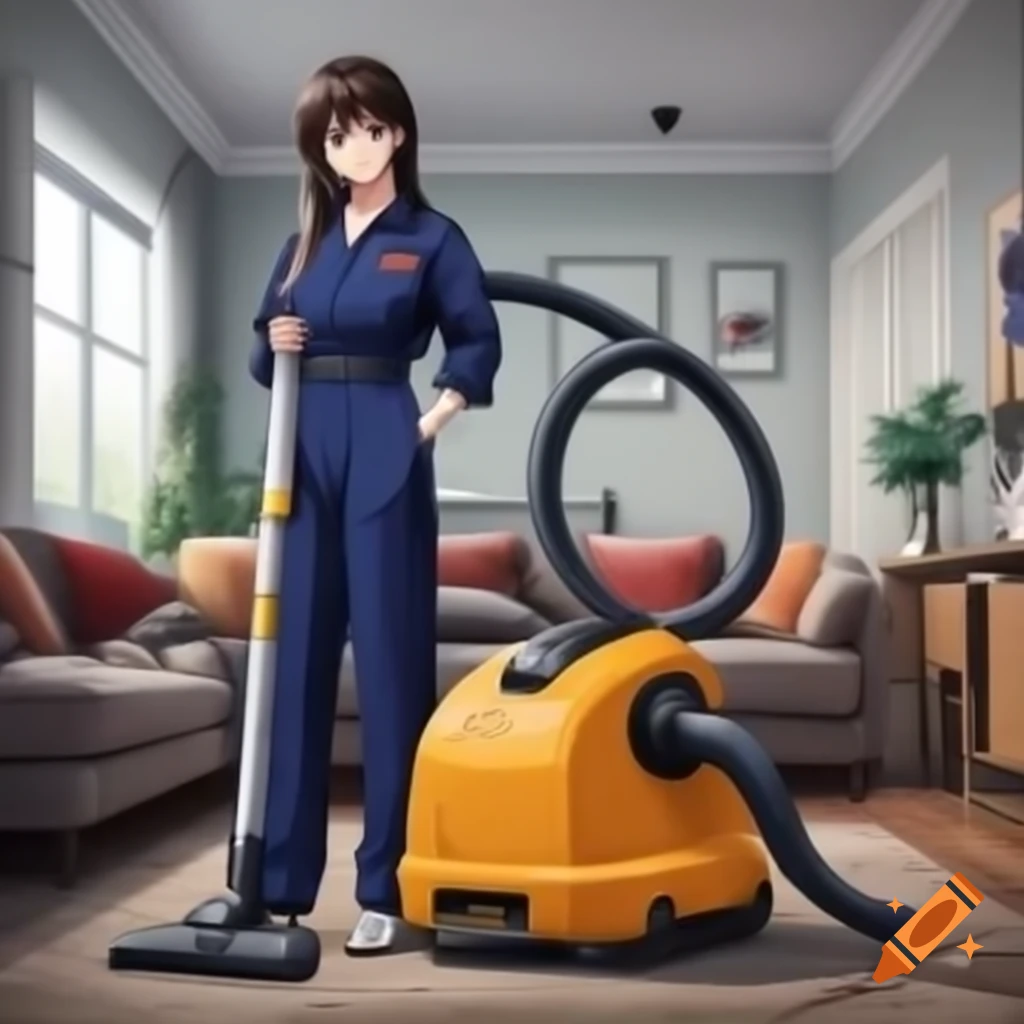 Anime woman in stylish jumpsuit in living room with industrial vacuum ...
