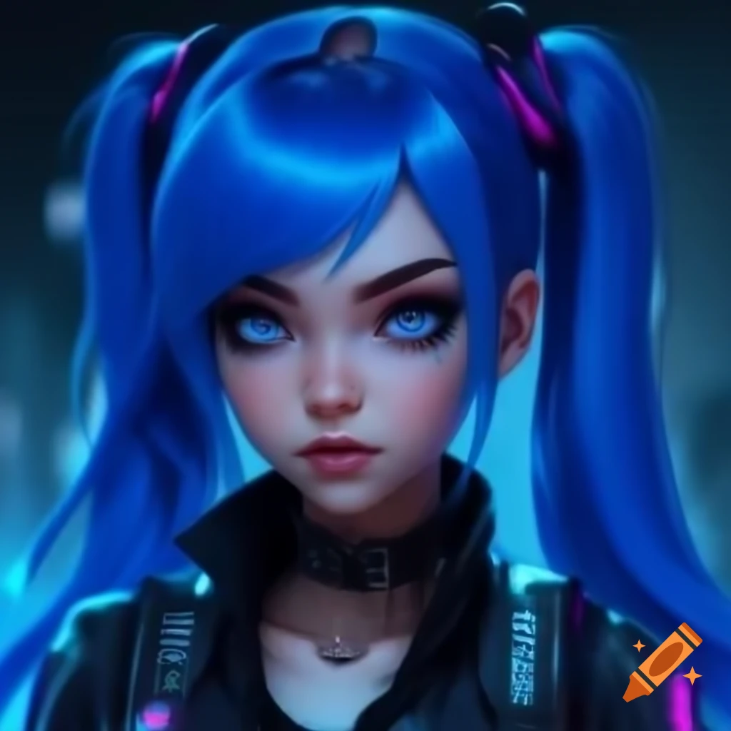 Blue-haired cyberpunk girl with ponytail on Craiyon