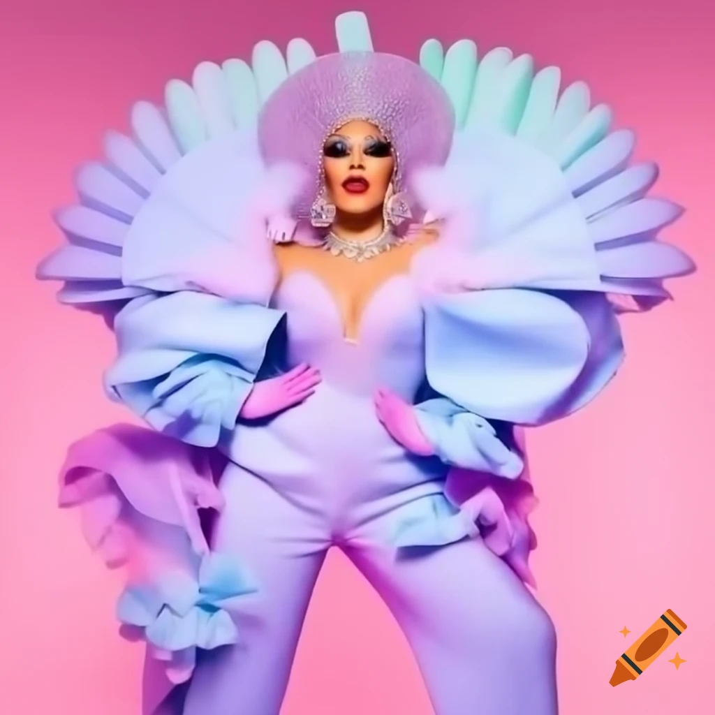 Vibrant pastel-colored jumpsuit with sequins and ruffles for drag queen freda fabulosa on Craiyon