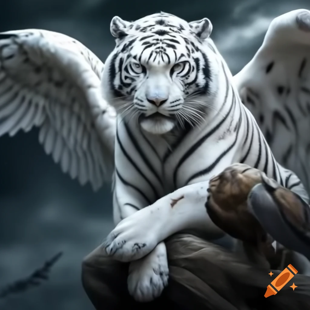 White tiger with eagle wings in a mythical design on Craiyon