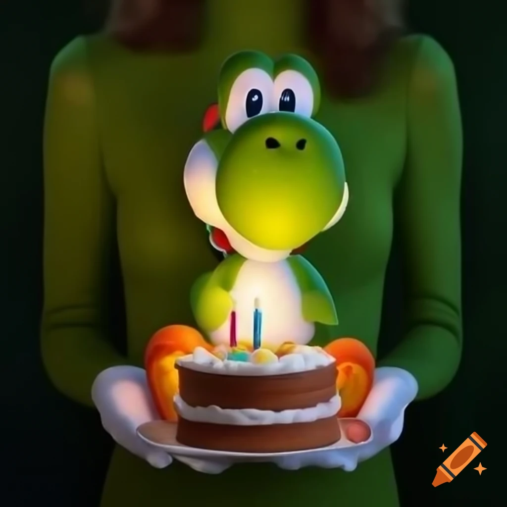 Yoshi holding a birthday cake with candle for Tanja's 35th birthday on ...