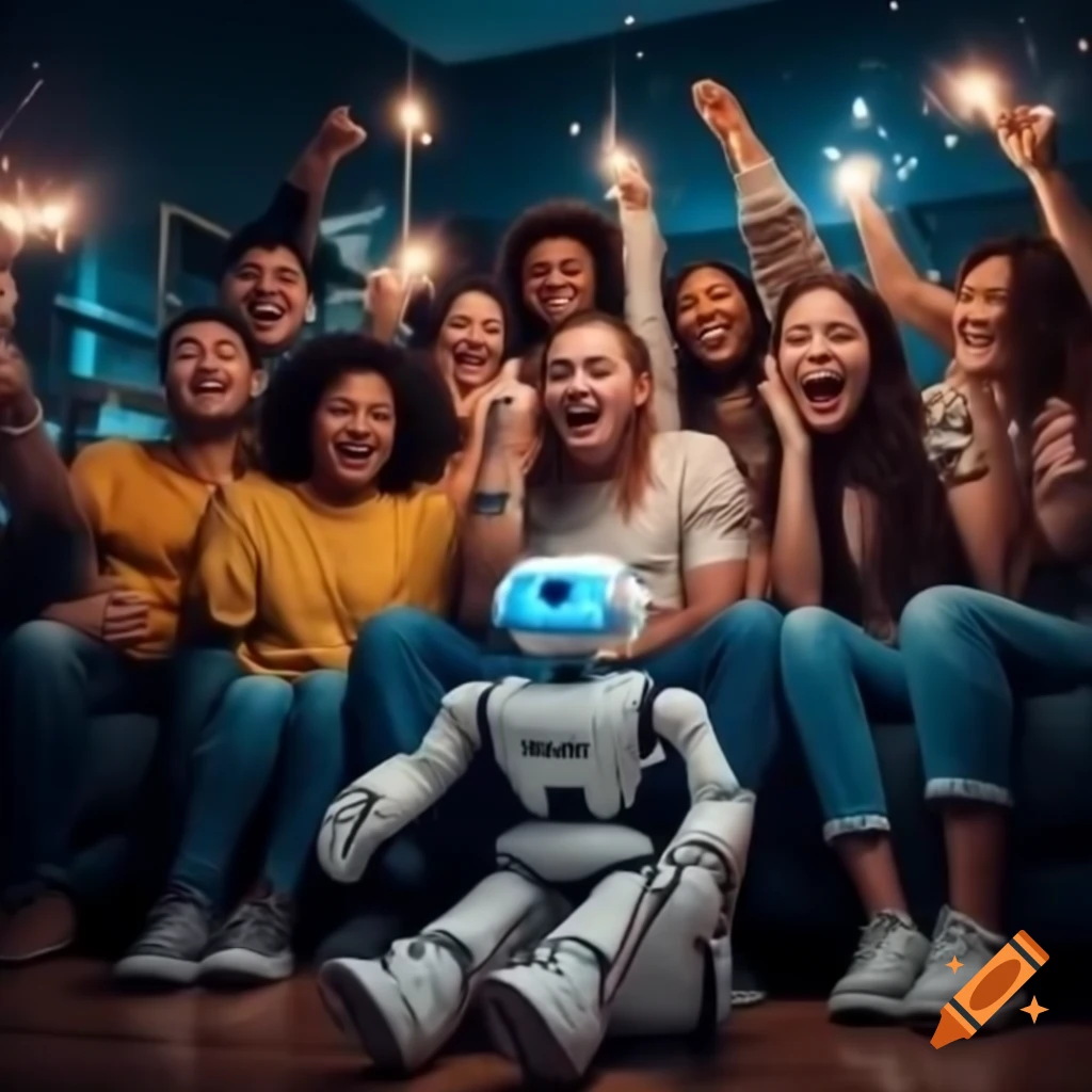 Diverse group of friends sitting in living room with humanoid robot ...
