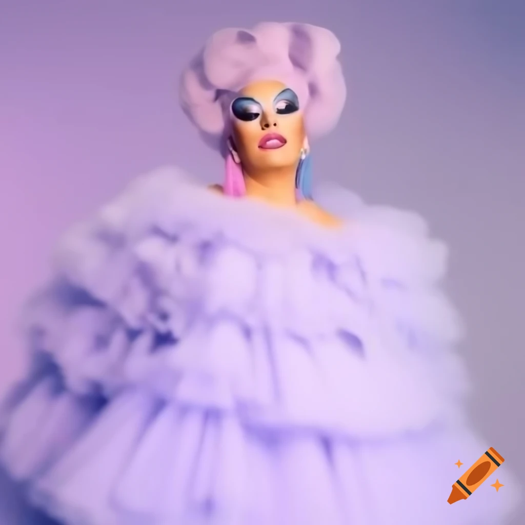 Pastel themed drag queen look featuring soft lilac dress with tulle ...