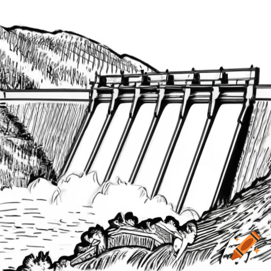 Realistic black and white sketch of a gravity dam on Craiyon