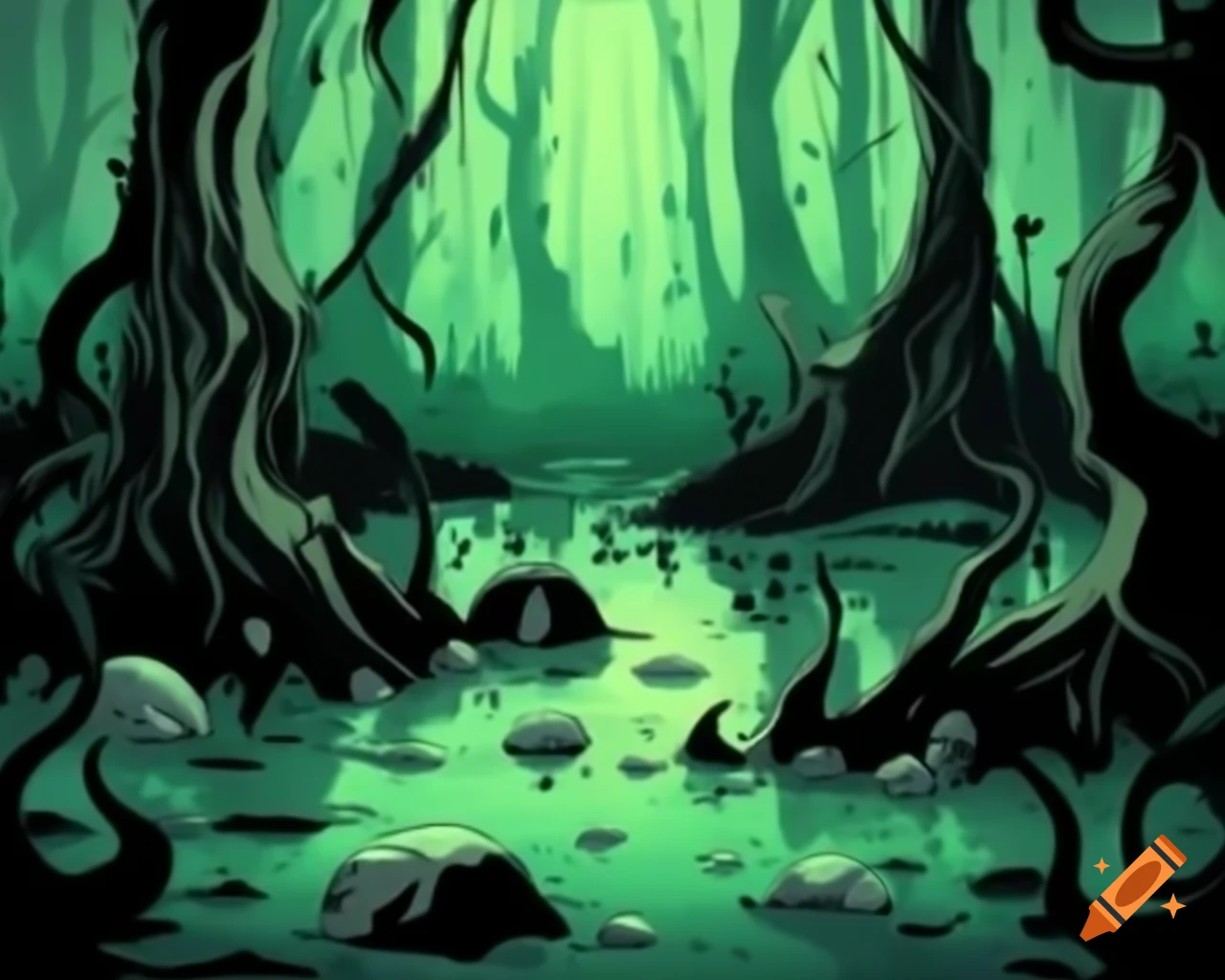 Eerie glowing swamp with broken stumps and scattered bones in watercolour style on Craiyon