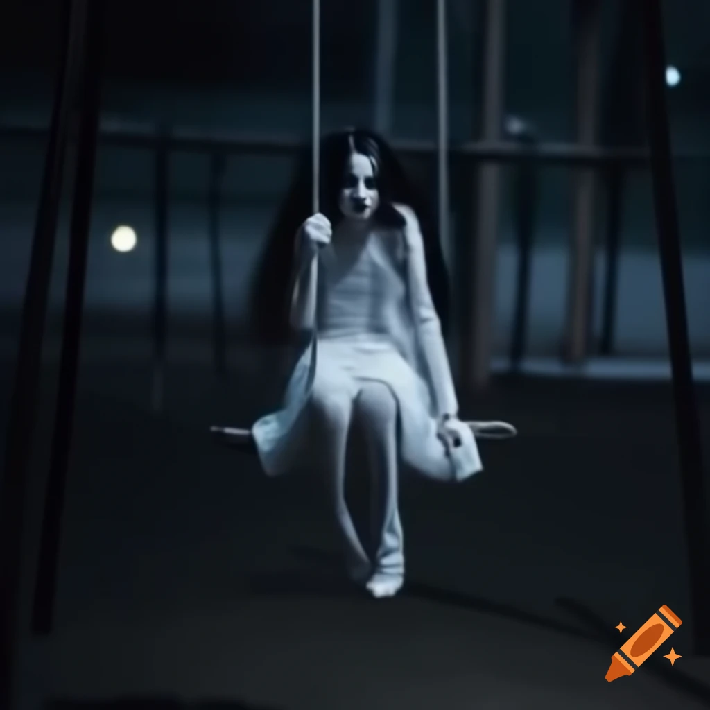 Goth girl on swing in eerie playground at night, realistic style on Craiyon