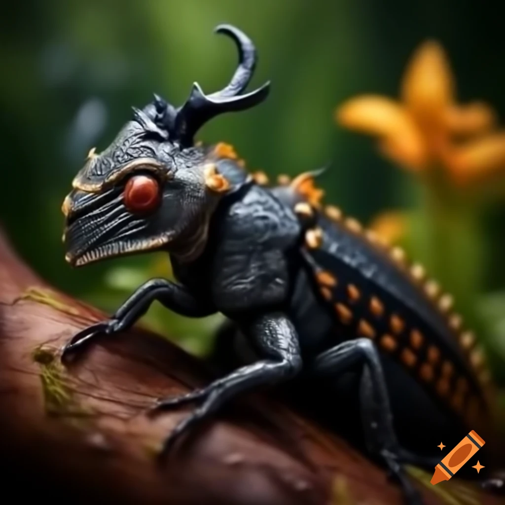 Realistic black and brown dragon resembling stag-beetle on stem with ...
