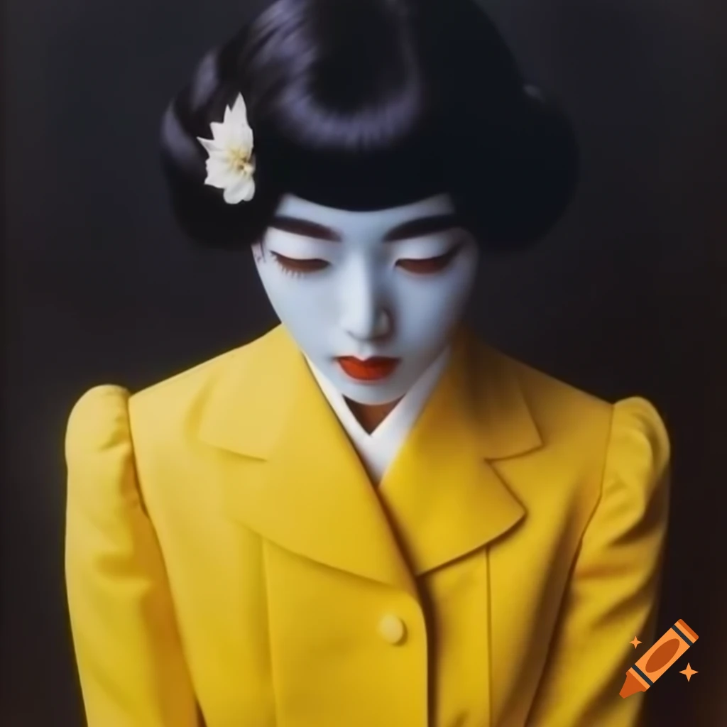 Hyper-realistic portrait of a charming Japanese woman from 1920 in a yellow vintage suit on Craiyon