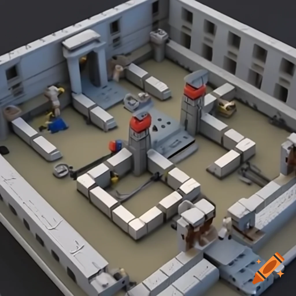 Technical drawing of complex LEGO prison design on Craiyon