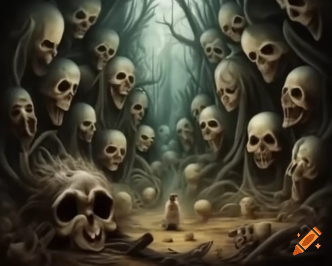 Illustration blending macabre aesthetics with monstrous figures on Craiyon