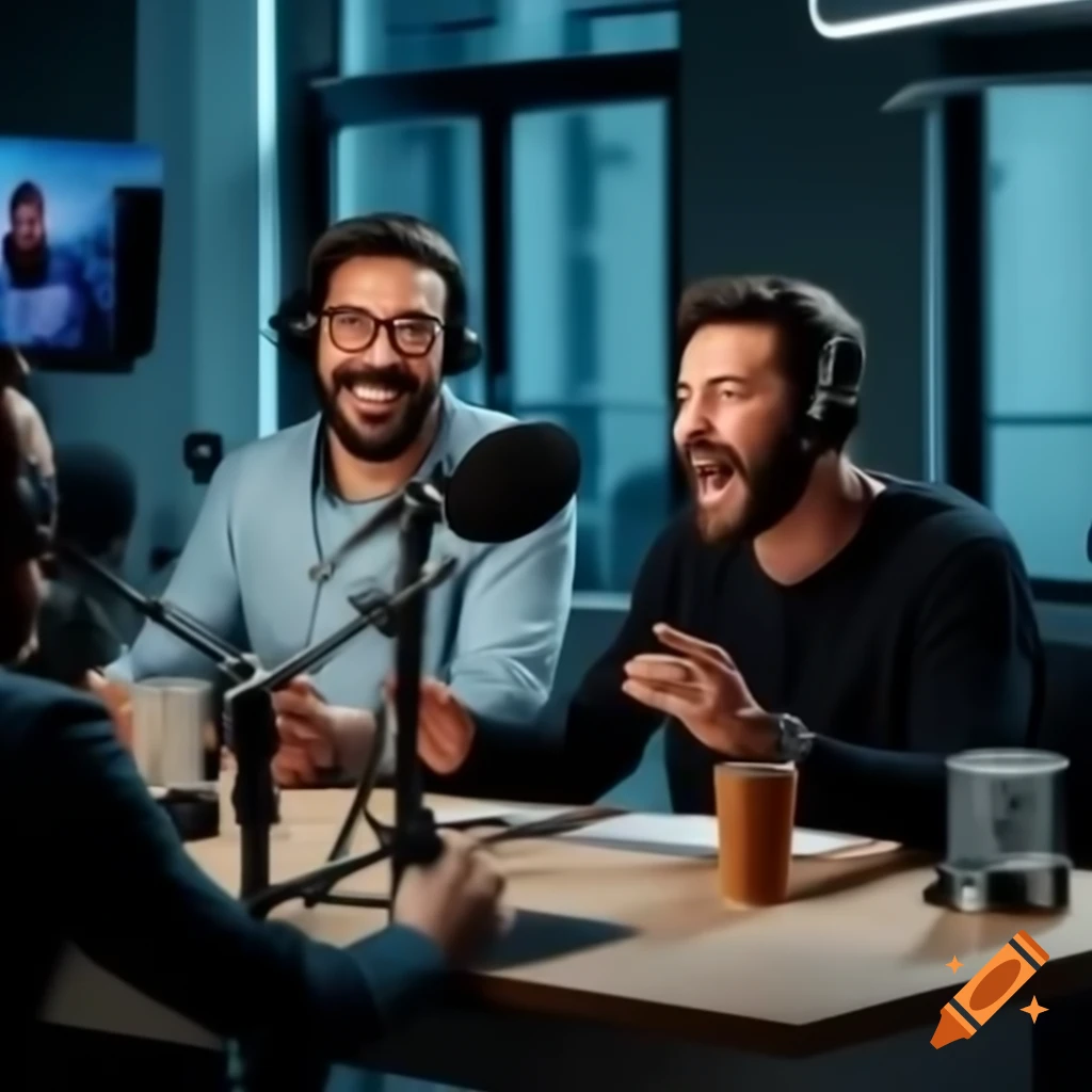 Cinematic shot of podcasters in sleek office discussing topics at ...