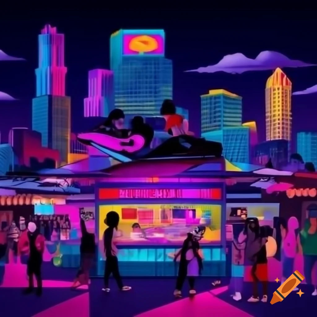 Vibrant cartoon of downtown austin during a sold-out sneaker convention ...