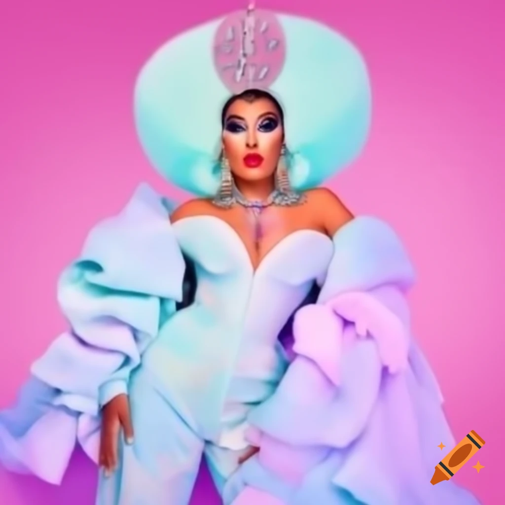 Vibrant pastel-colored jumpsuit with sequins and ruffles, featuring flowing cape for drag queen ...