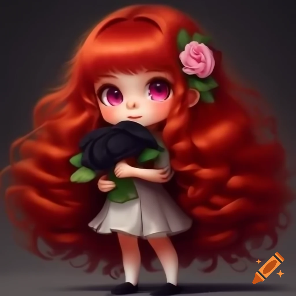 Chibi girl with red hair and pink eyes holding bouquet of black roses ...