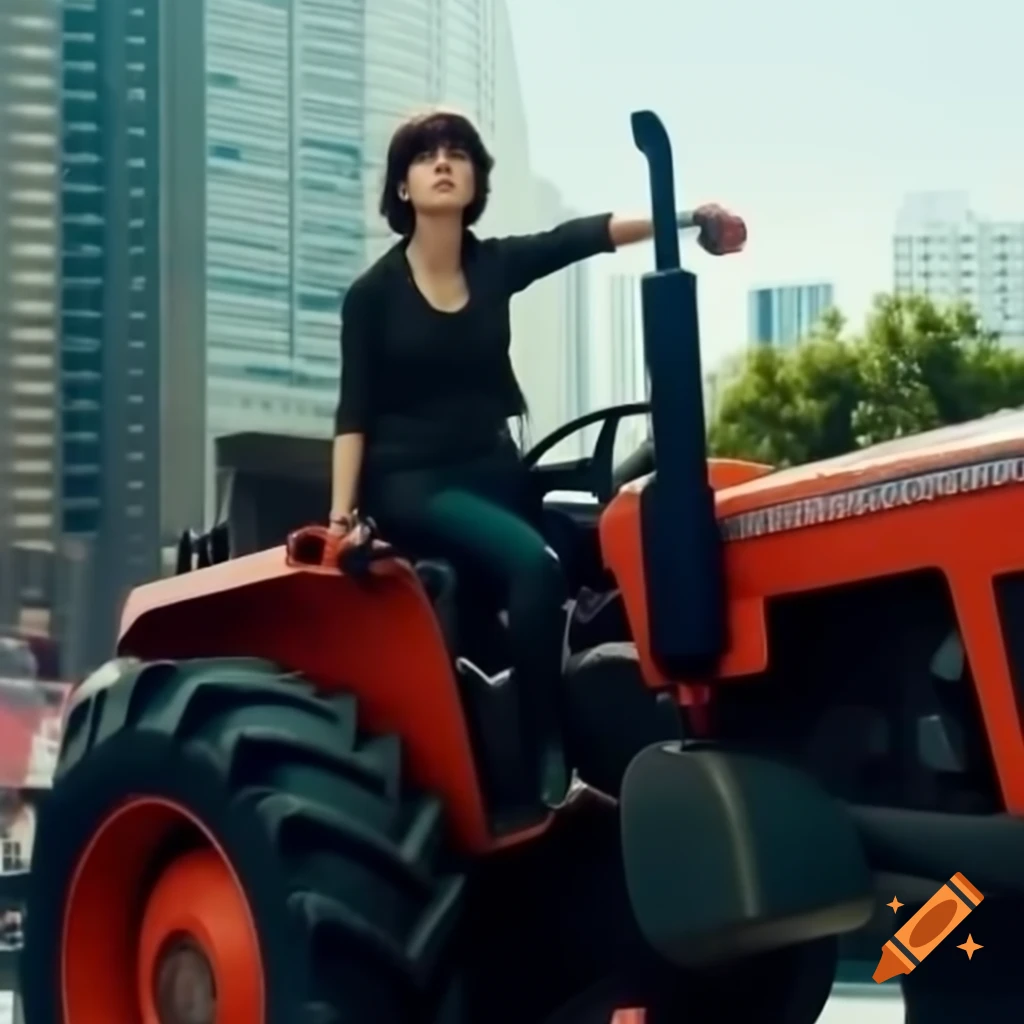Actress audrey tautou driving a tractor through cityscape, surreal urban scene on Craiyon