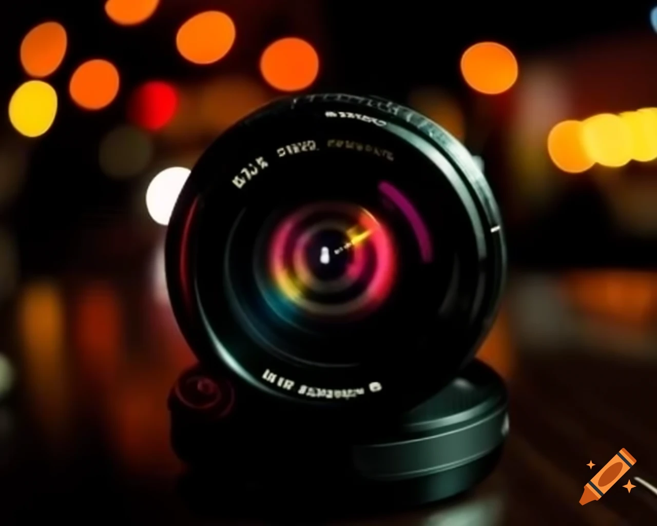 Close up of camera lens with vibrant red lights in background, anamorphic bokeh on Craiyon