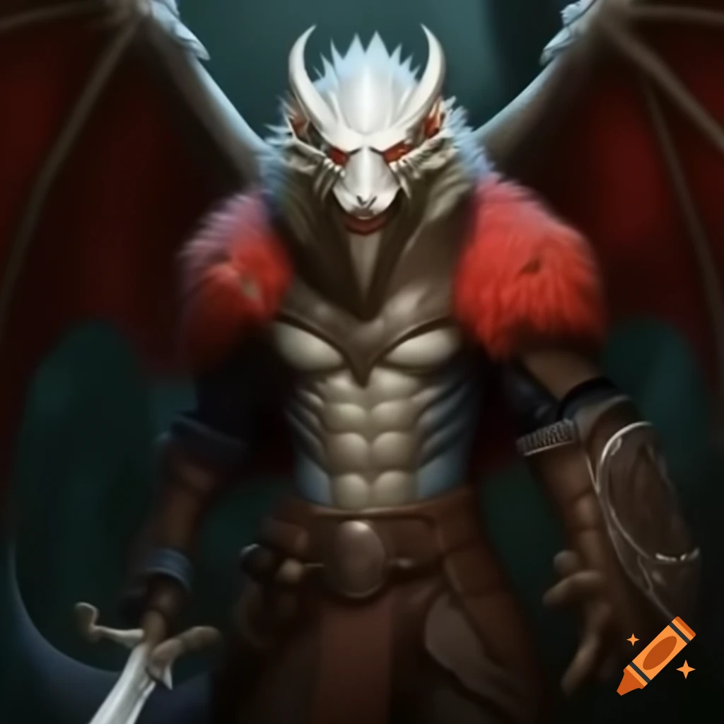 Powerful dragonborn with red fur cape and sword standing majestically on Craiyon