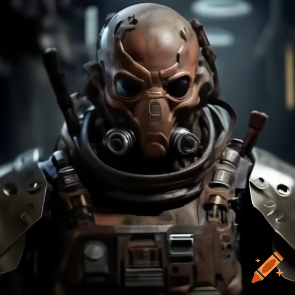 Realistic masked pirate in sci-fi armor made from high-tech scrap on ...