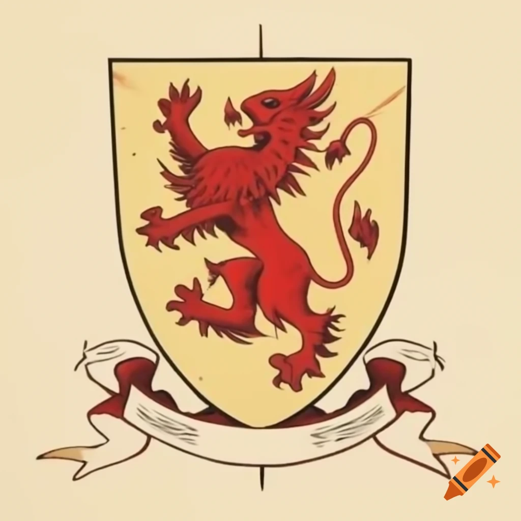 Griffin climbing onto red shield holding golden cup with inscription ...