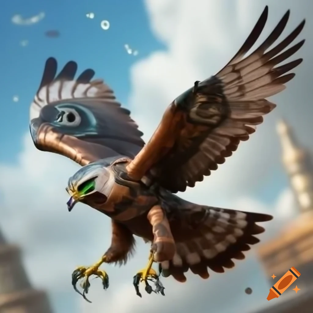 Steampunk hawk with emerald eyes in mid-flight, made of copper and brass on Craiyon