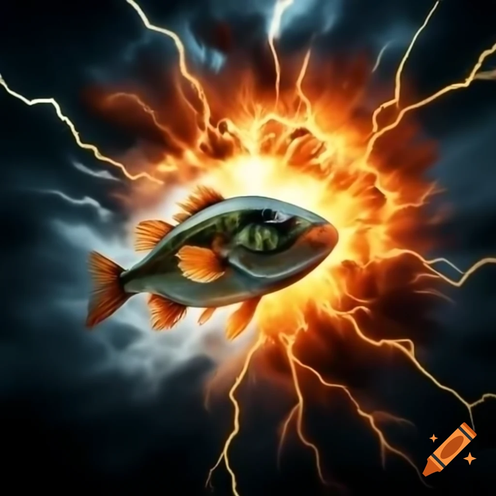 Perch fish with screwdriver and lightning bolts amidst nuclear ...