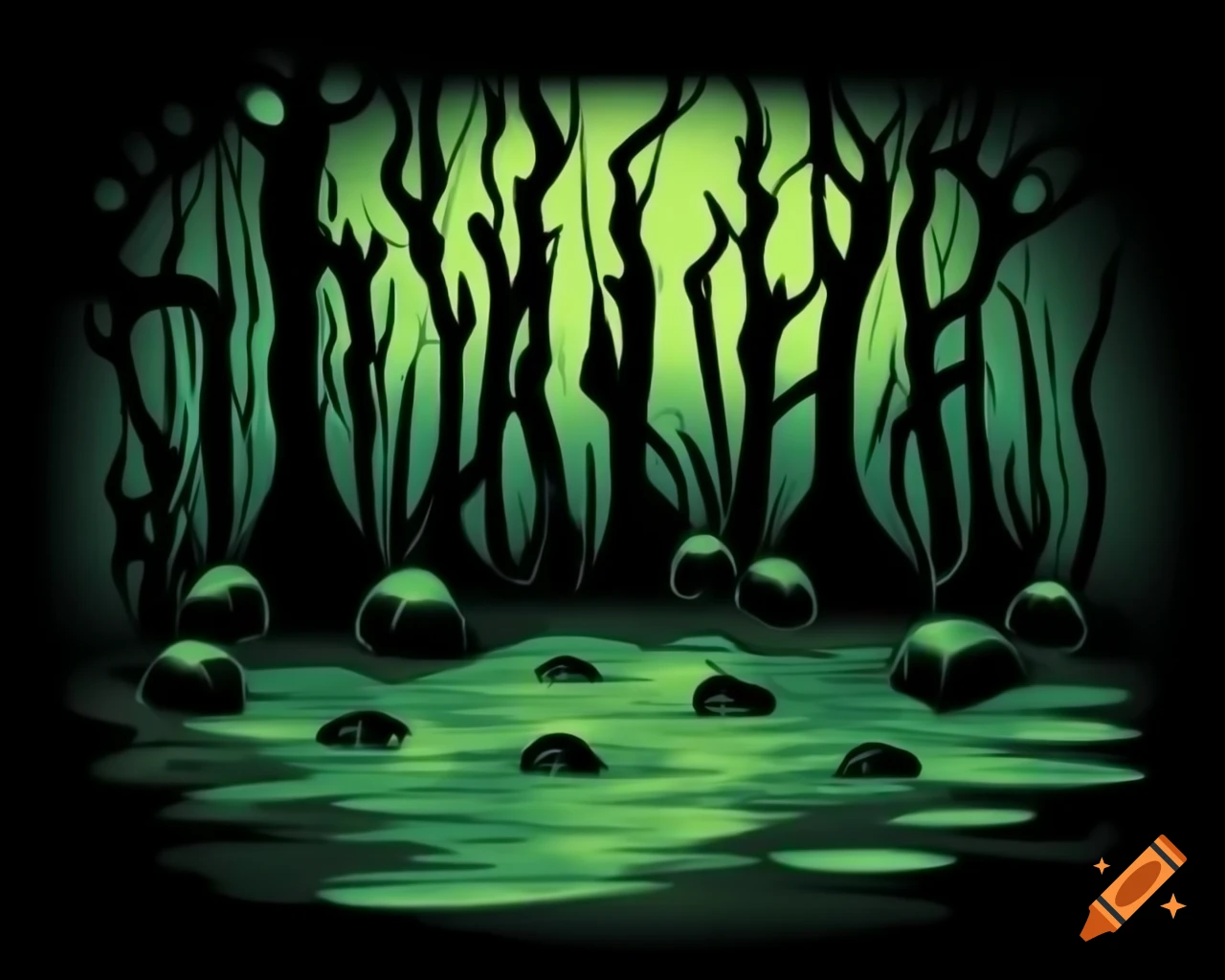 Eerie glowing swamp with broken stumps and scattered bones in watercolour style on Craiyon