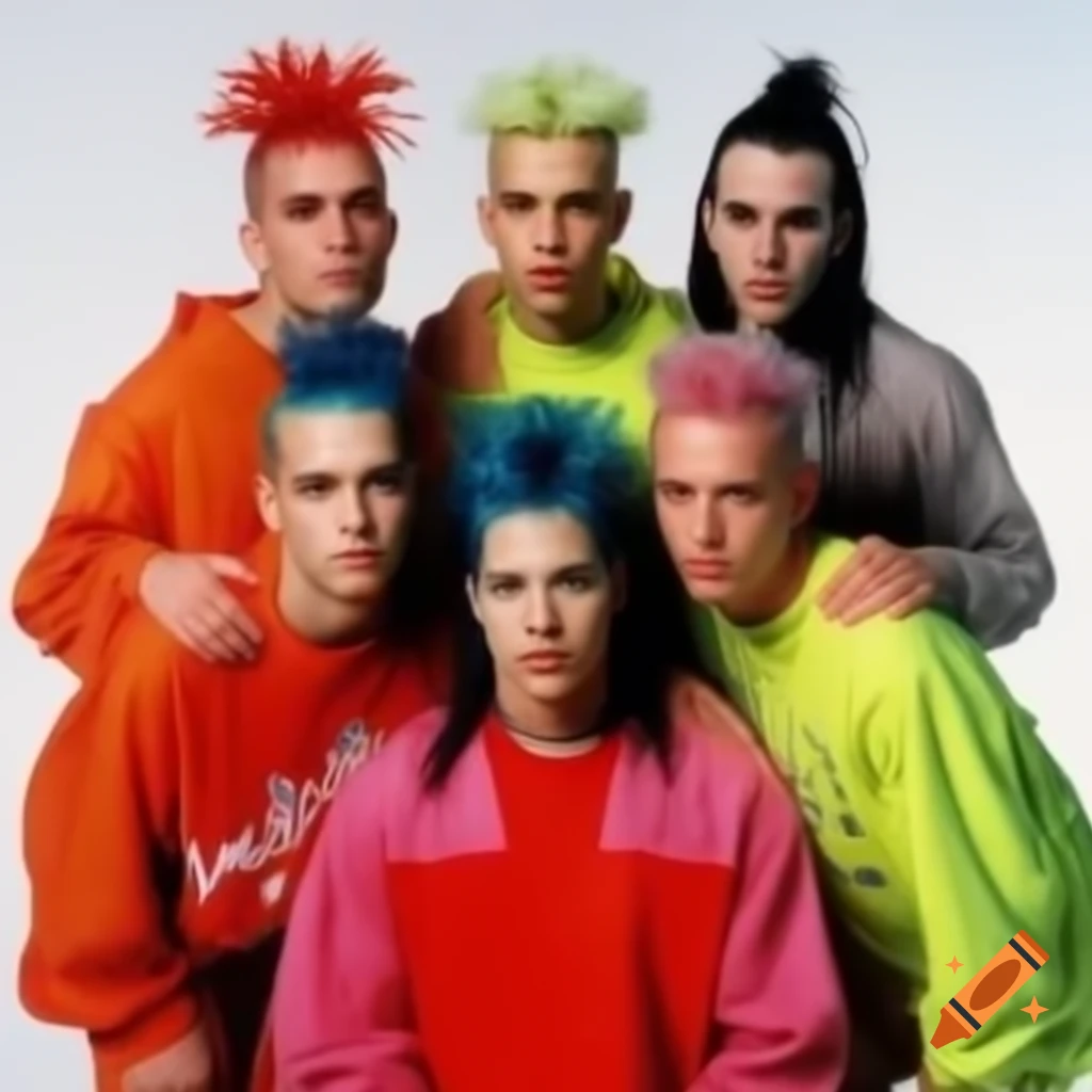 Nu Metal band from 1998 in vibrant sportswear with styled hair on Craiyon