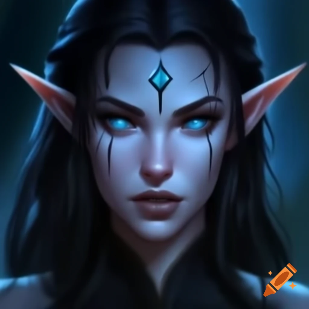 Elf woman with black hair, blue eyes, and runes on her face on Craiyon