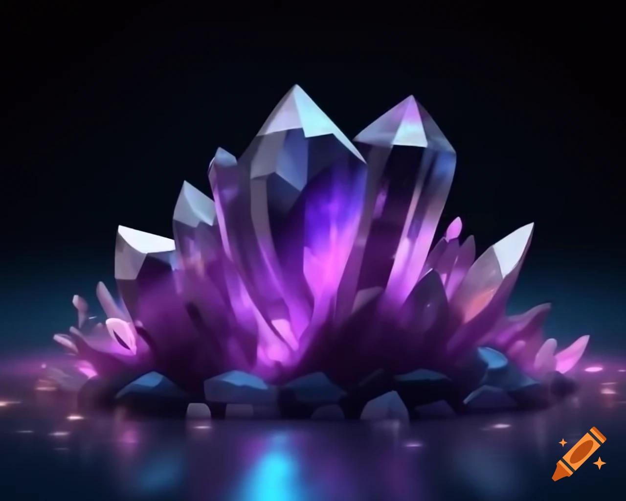 Cartoon-style close-up of glowing amethyst crystal cluster on Craiyon